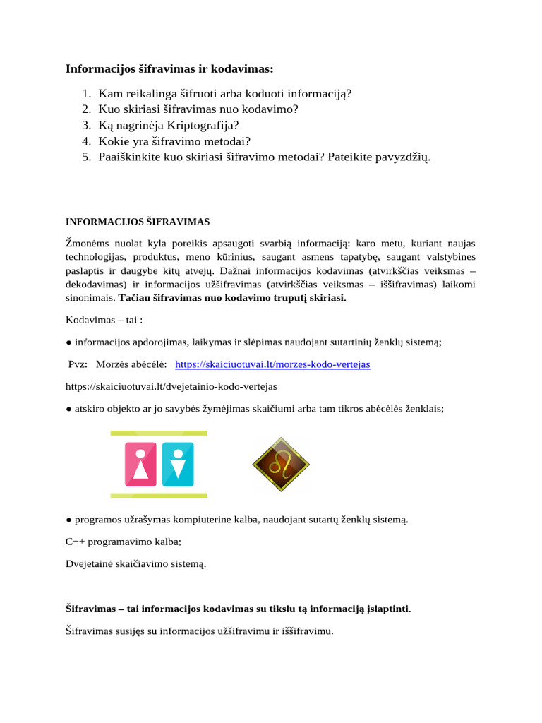 Informacijos Sifravimas - Kodavimas 10kl | PDF