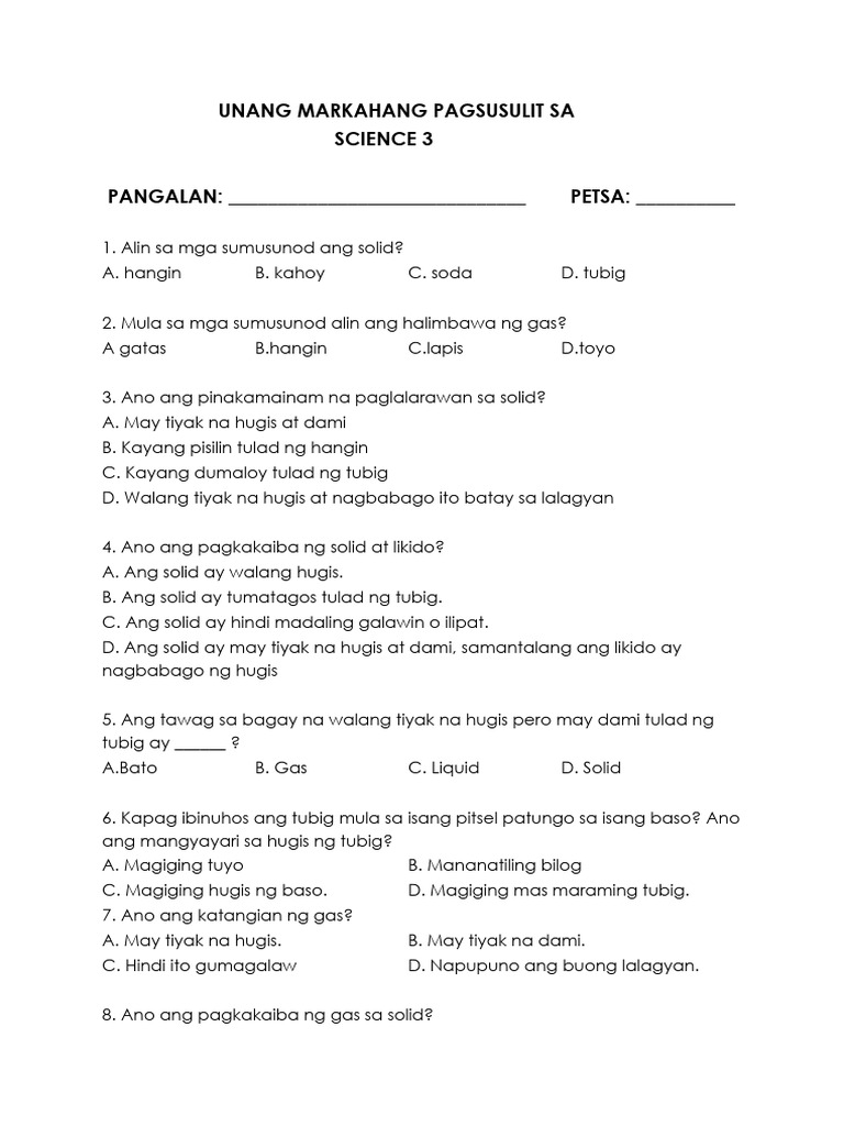 Grade 3 Unang Markahang Pagsusulit Sa Science | PDF