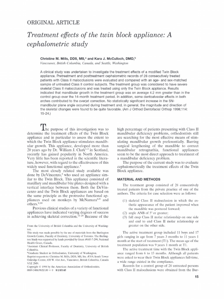 Mills C 1998 Treatment Effects of The Twin Block Appliance - A ...