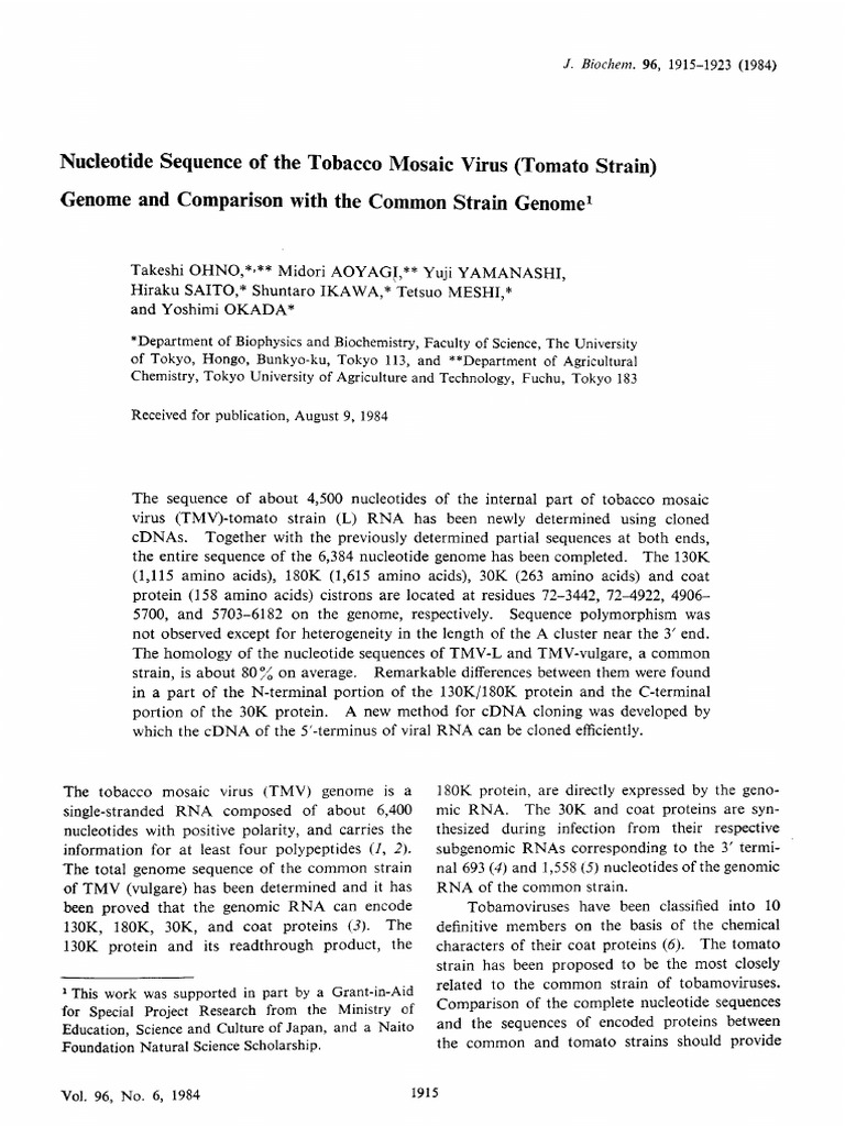 Nucleotide Sequence of The Tobacco Mosaic Virus (Tomato Strain) Genome ...