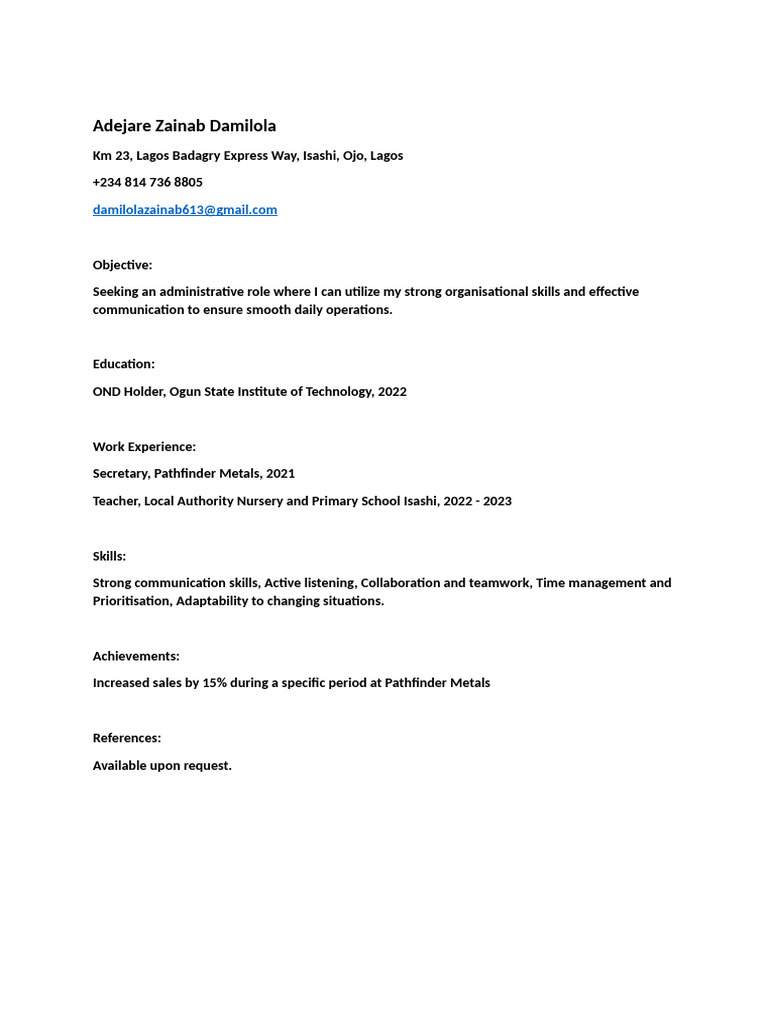 Adejare Zainab Damilola CV | PDF