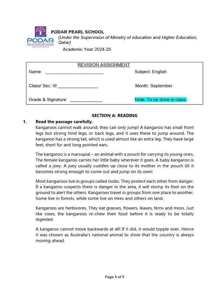 Grade 3 - HY Revision Assignment | PDF