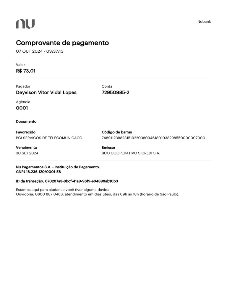Comprovante Nubank 07-10-2024 | PDF Comprovante Nubank 07-10-2024 | PDF