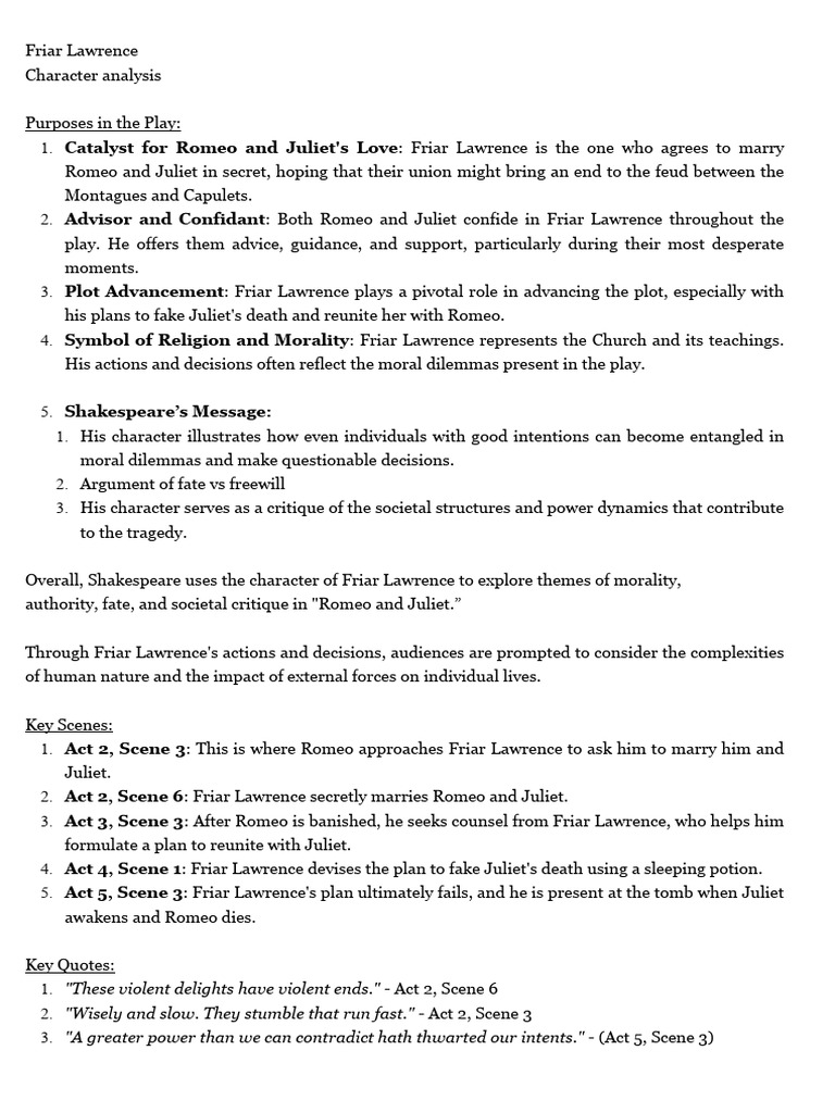 Friar Lawrence Character Analysis Detailed | PDF