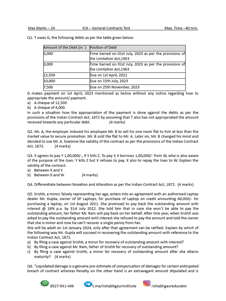 ICA - General Contracts Test | PDF | Debt | Loans