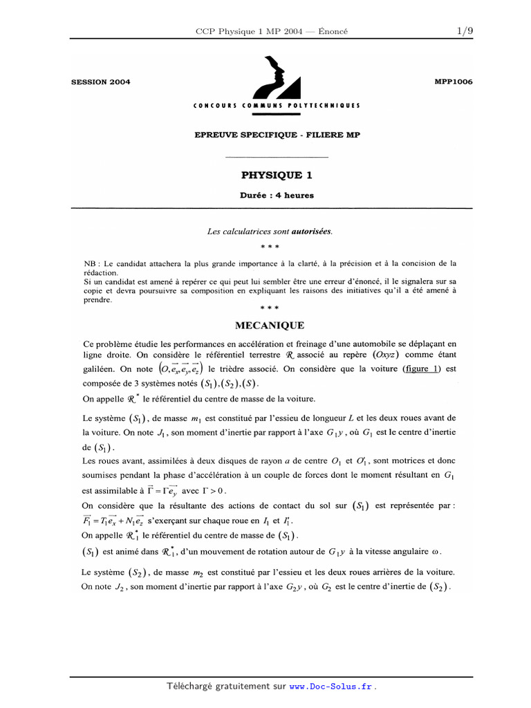 MP Physique CCP 1 2004.enonce | PDF
