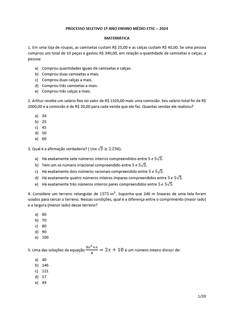 Prova 1 Ano Mat 2023 | PDF