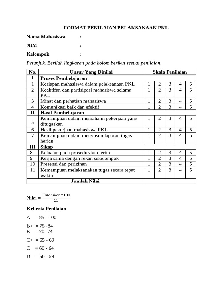 Form Peniliaan PKL | PDF