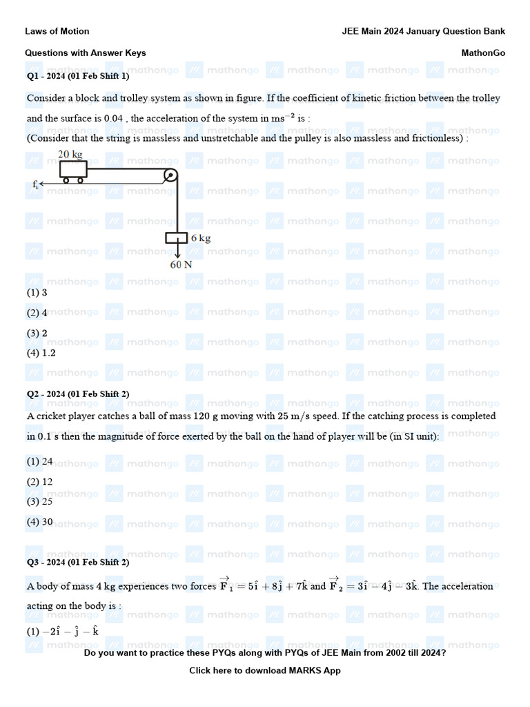 Laws of Motion - JEE Main 2024 January Question Bank - MathonGo-1 ...