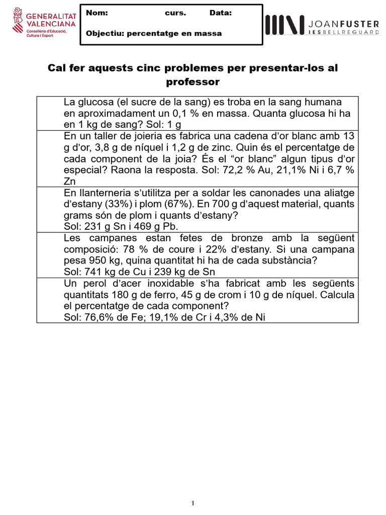 22-3eso-Tema 3-Problemes % Massa | PDF