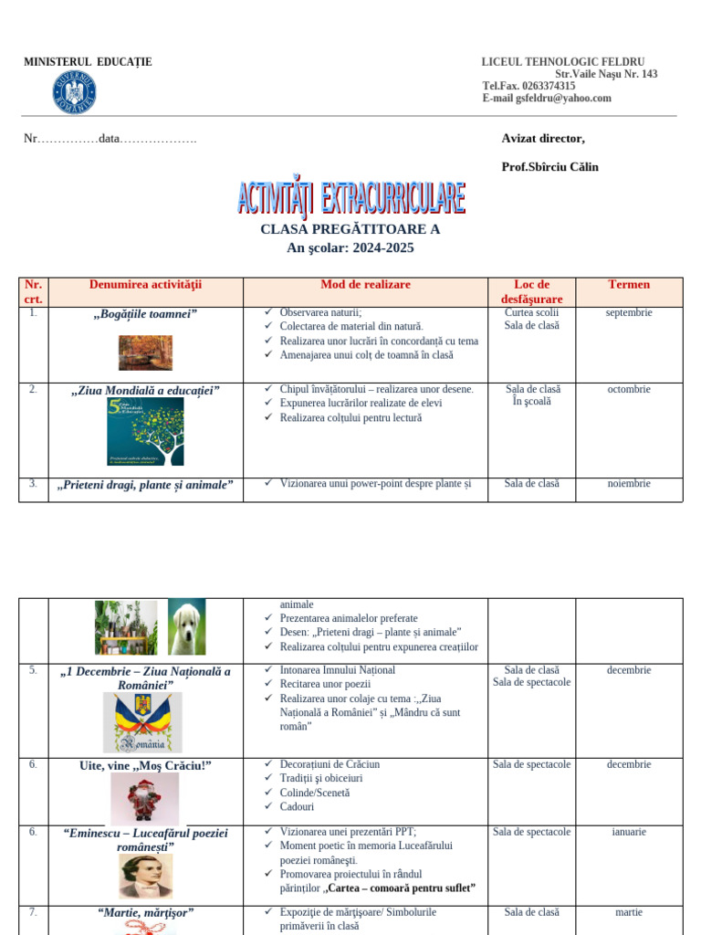Planificarea Activitatilor Extracurriculare 2024-2025 | PDF