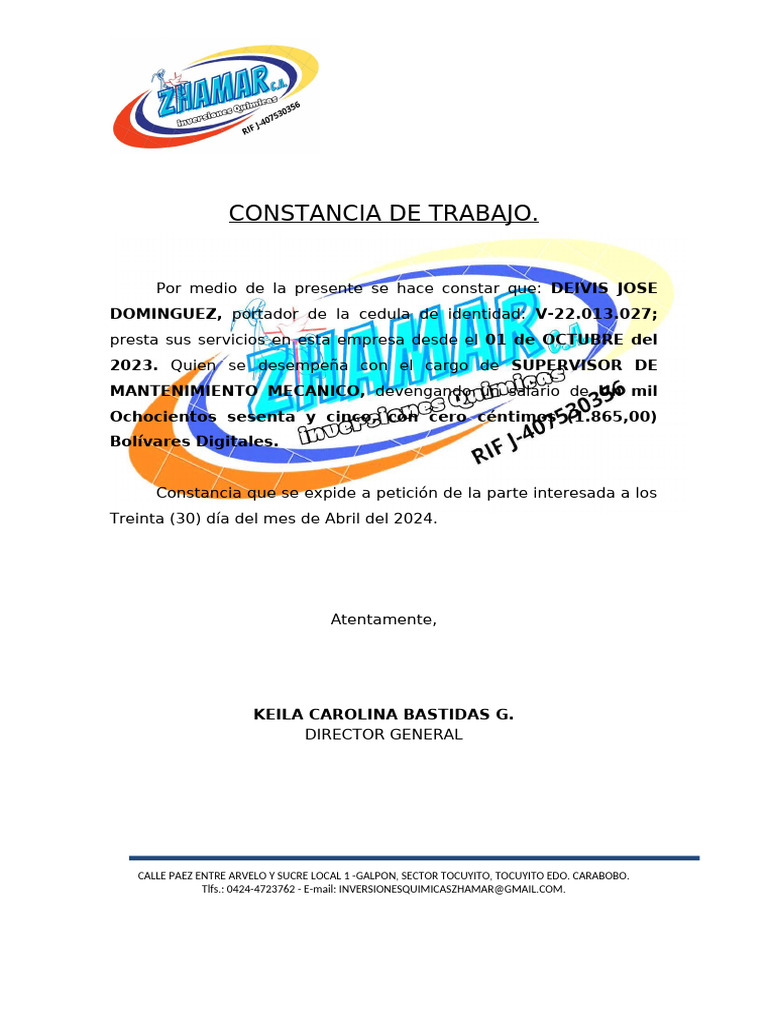 Constancia de Trabajao Zhamar 24 | PDF