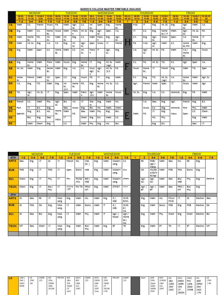 Queen's College Master Timetable 2024-2025 | PDF