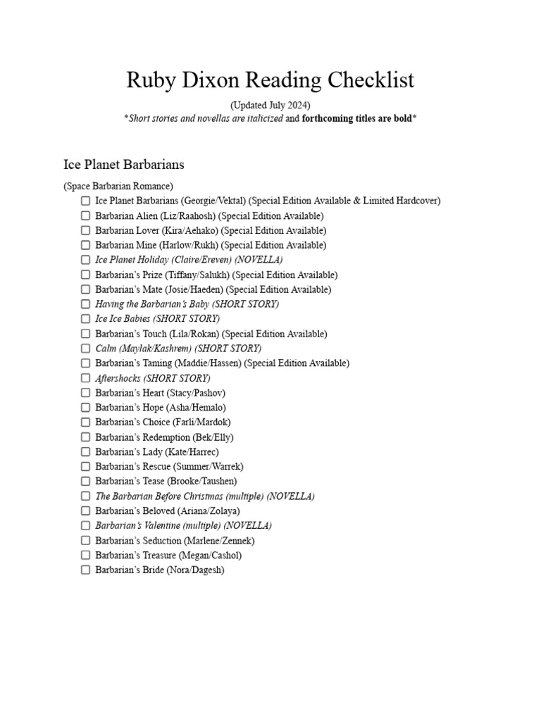 Ruby Dixon Reading Checklist 4 | PDF | Poetry | General Fiction