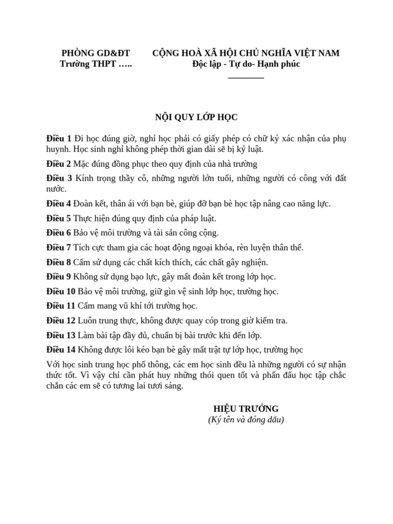 Noi Quy Lop Hoc Trung Hoc Pho Thong | PDF