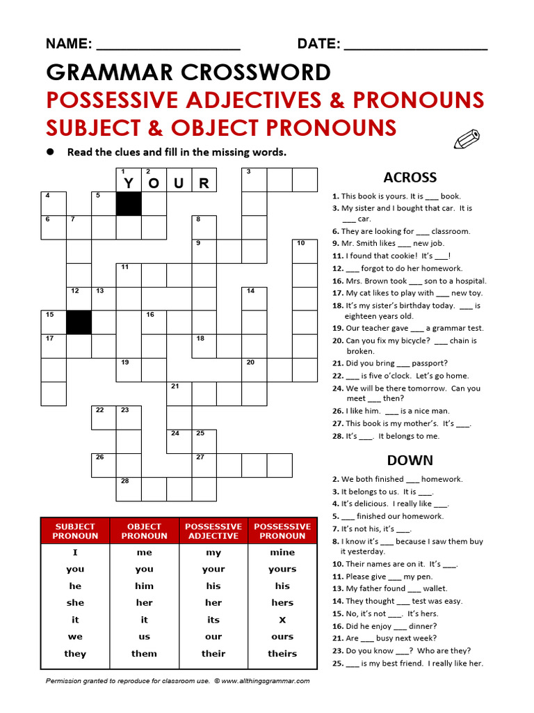 Unit 9 - Crosswords Possessive Pronouns e CIA | PDF