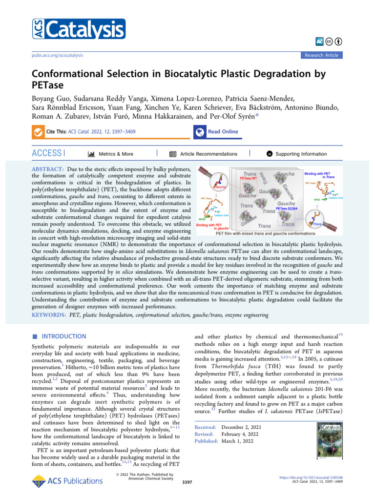 Guo Et Al 2022 Conformational Selection in Biocatalytic Plastic Degradation by Petase | PDF