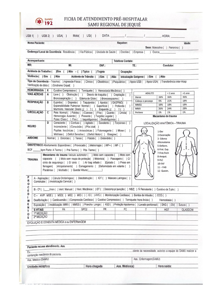 FICHA DE ATENDIMENTO PRÉ-HOSPITALAR | PDF