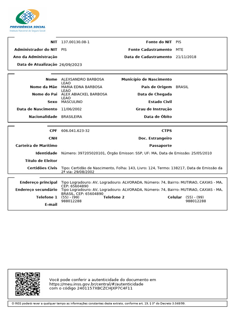 Dados Cadastrais PIS | PDF