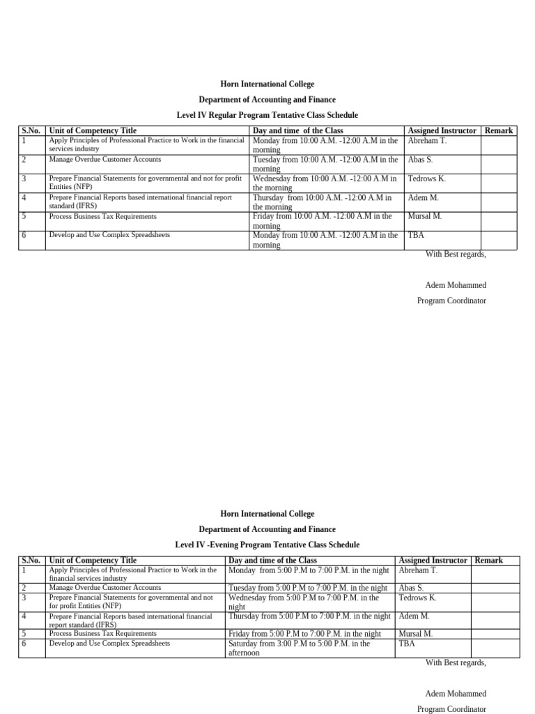 Level IV- class schedule | PDF