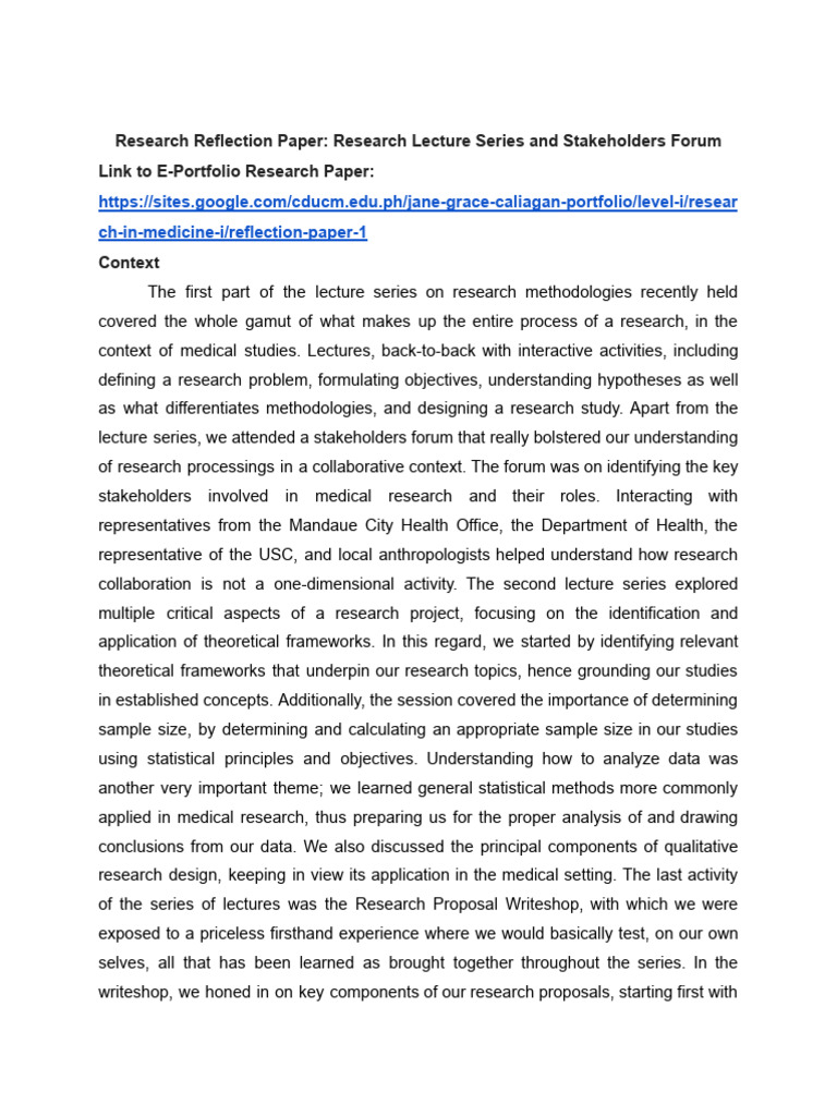 Research Reflection Paper - Research Lecture Series and Stakeholders ...