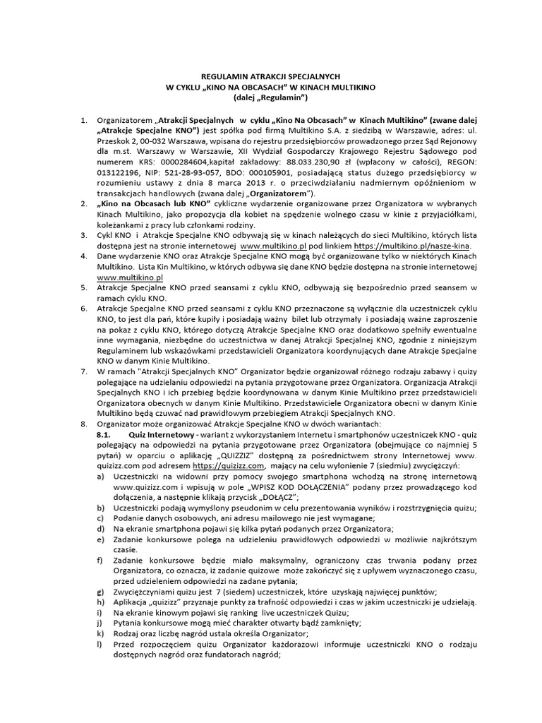 Regulamin Atrakcje Przed Seansami KNO 202409 | PDF