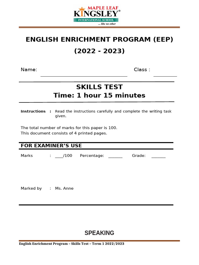 English Enrichment Program (Eep) Skills Test (Speaking) | PDF