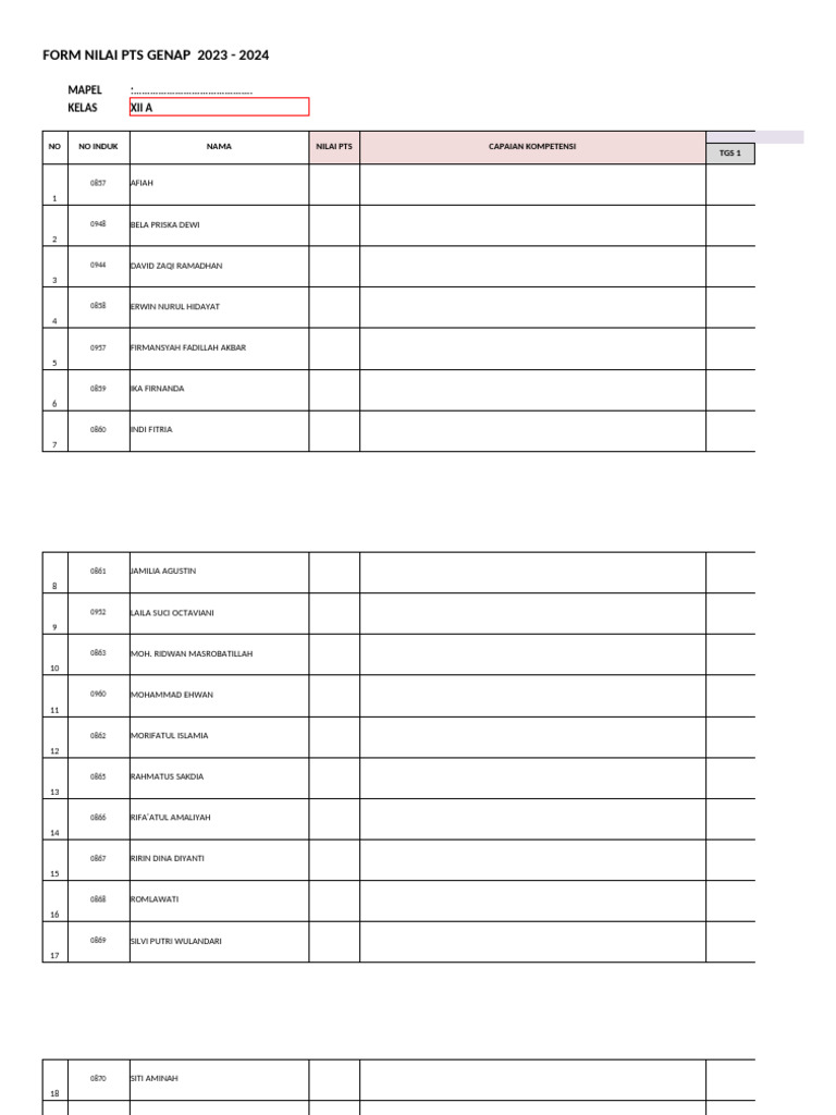 Form Nilai PTS - Ganjil - 2024 - 2025 - KLS Xii - Kurmer | PDF