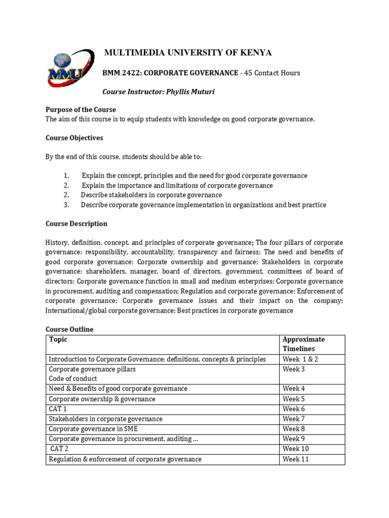 BMM 2422 - Corporate Governance Course Outline | PDF