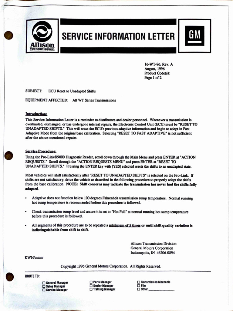 Allison 16-WT-96 WT Shifting Reset | PDF