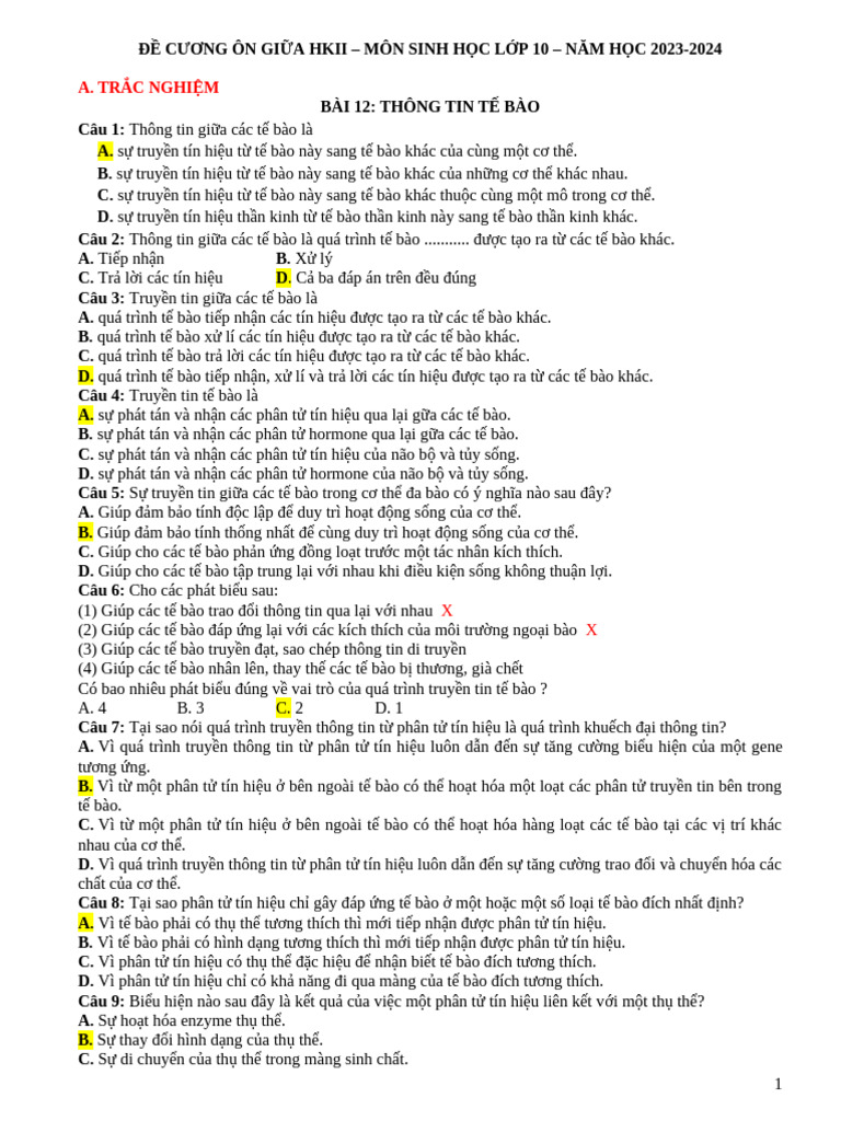 ĐỀ CƯƠNG KT GK2 - SINH 10 (23-24) | PDF