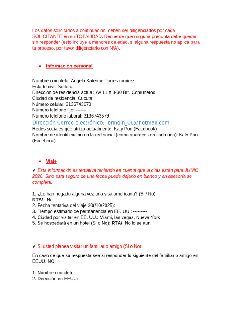 Formulario VAP KATHE - VISA | PDF