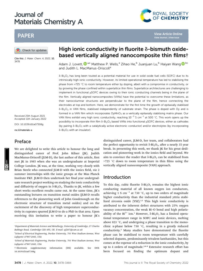 High Ionic Conductivity in Fluorite D Bismuth Oxide Based Vertically ...
