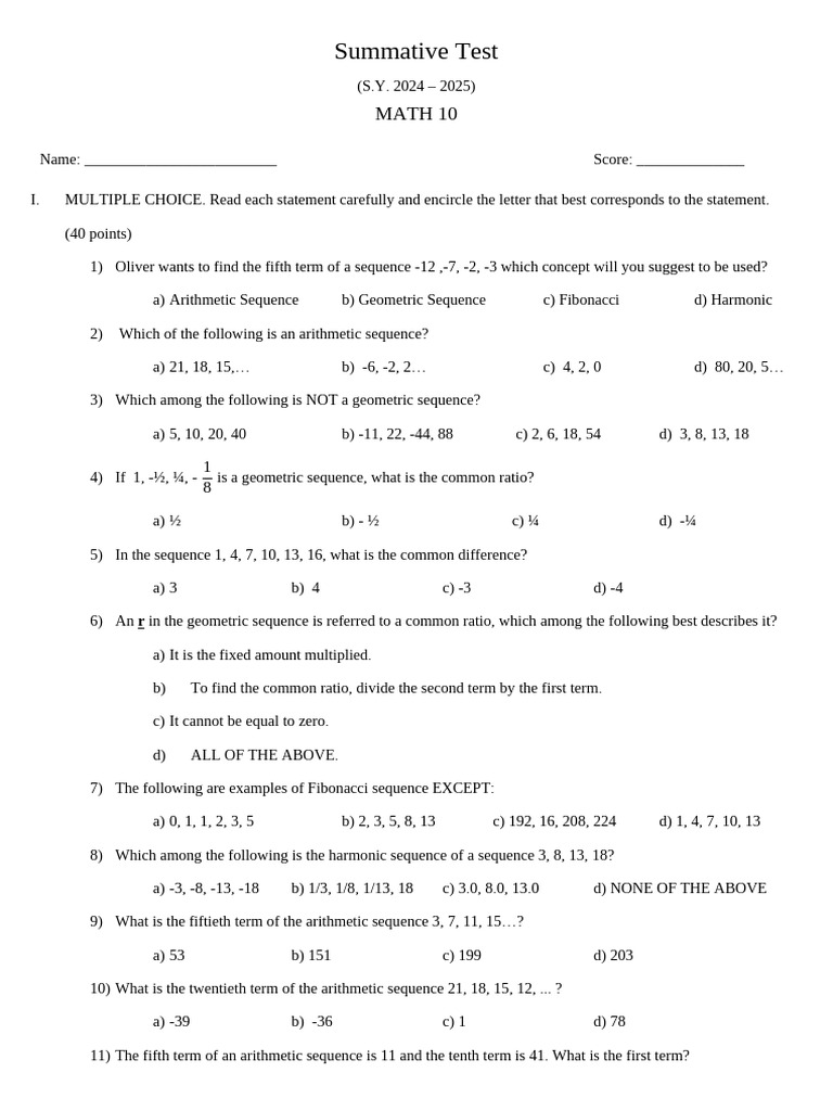 Math 10 Summative | PDF