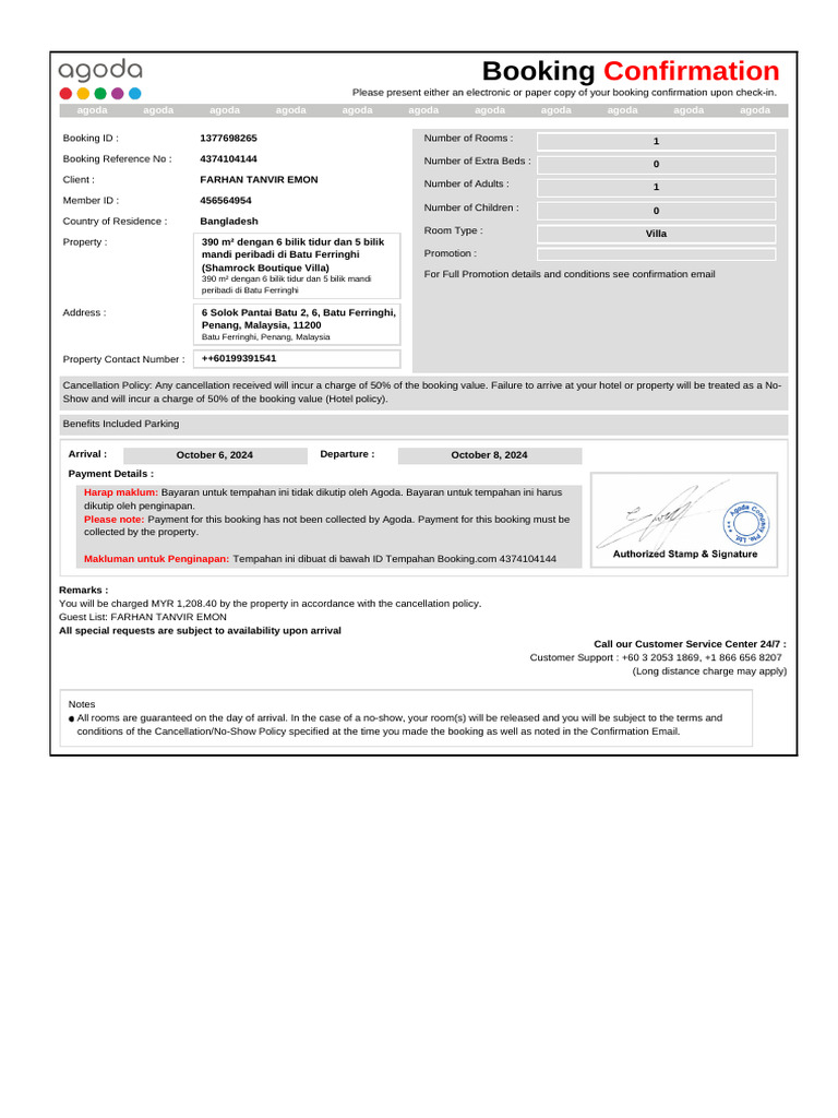 Confirmation For Booking ID # 1377698265 | PDF | Hospitality Industry