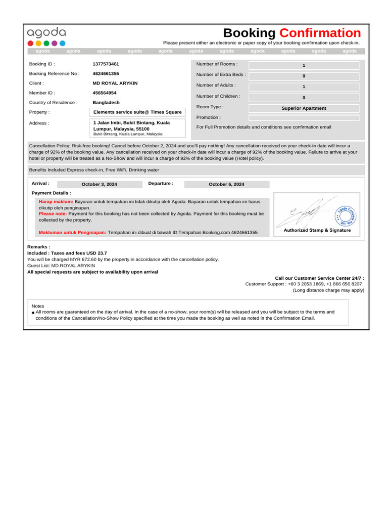 Agoda Booking Confirmation Details | PDF