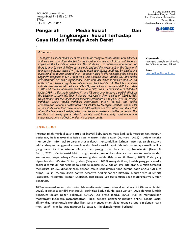 Pengaruh Media Sosial Dan Lingkungan Sosial Terhadap Gaya Hidup Remaja Aceh Barat | PDF