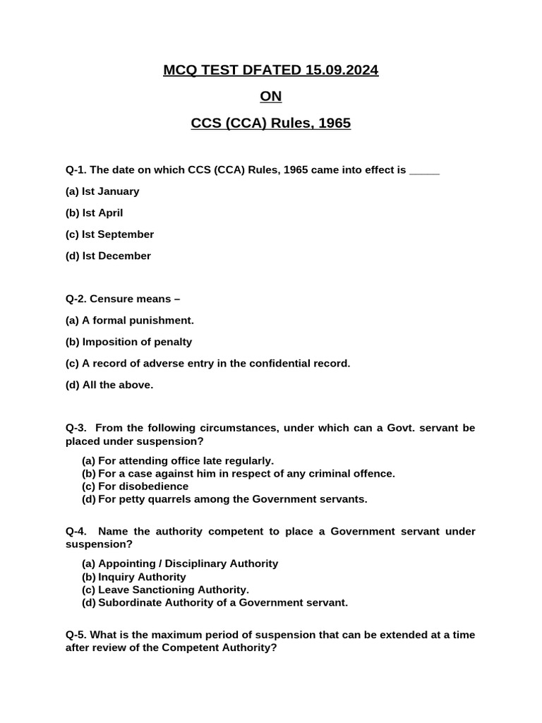 MCQ Test On CCS (CCA) Rules | PDF | Core Civic | Government