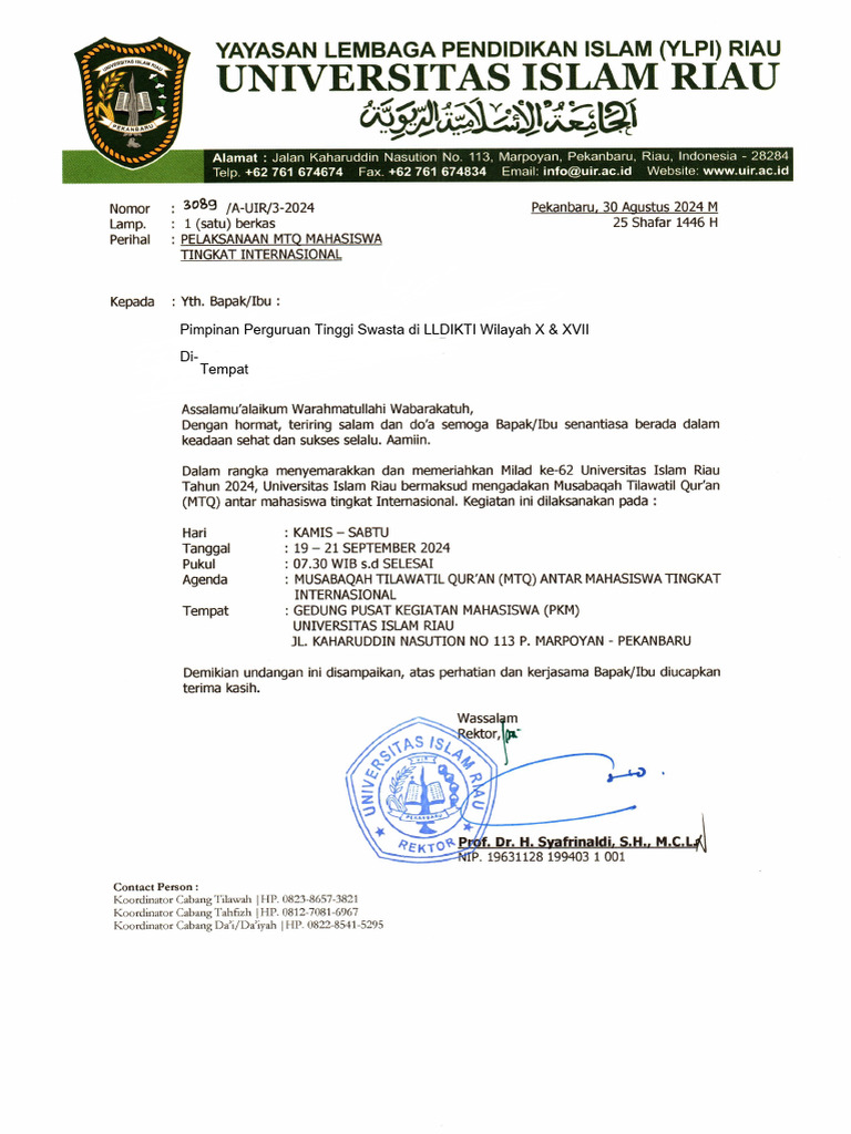 Undangan Pelaksanaan MTQ PTS Lldikti | PDF
