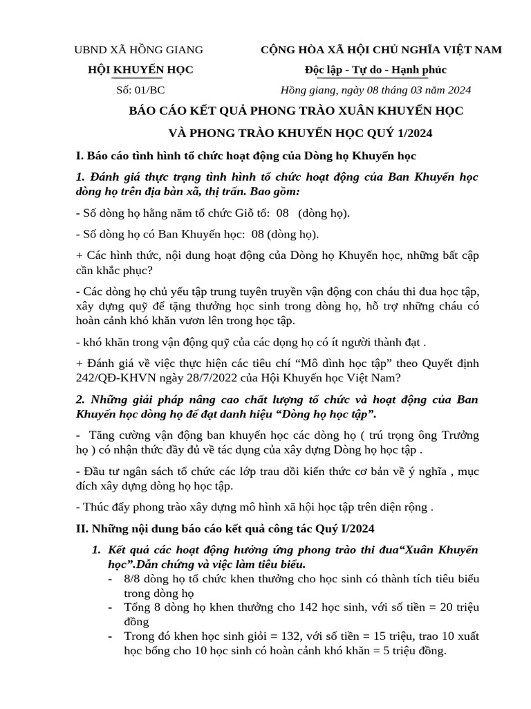 Báo Cáo Xuân KH 2024 | PDF