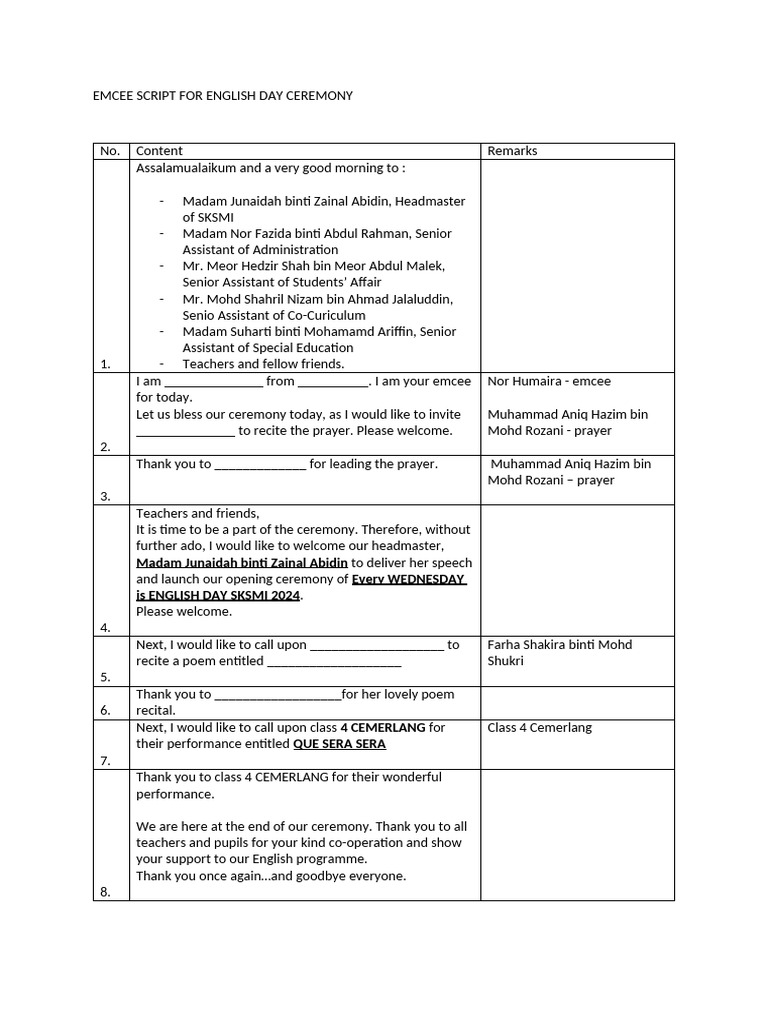 Emcee Script for English Day Ceremony | PDF | Career & Growth