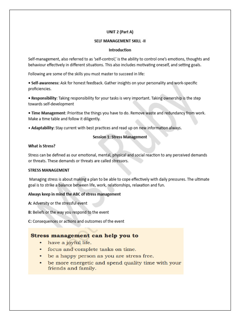 UNIT 2 Self Management Skill Notes | PDF