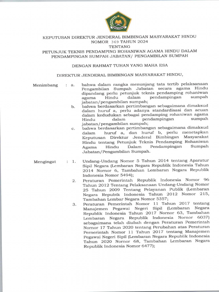 SK Dirjen 369 Juknis Pendampingan Rohaniawan Agama Hindu | PDF