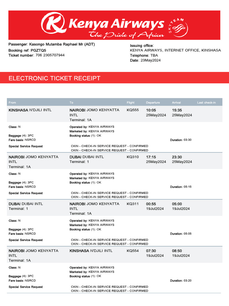 Kenya Airways E-Documents For RAPHAEL KASONGO MUTAMBA | PDF