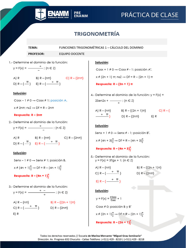 19 - Funciones Trigonométricas 1 - Cálculo Del Dominio - Ejercicios para Clase | PDF