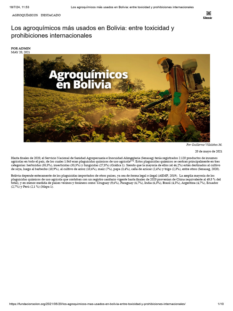 Los Agroquímicos Más Usados en Bolivia - Entre Toxicidad y Prohibiciones Internacionales | PDF