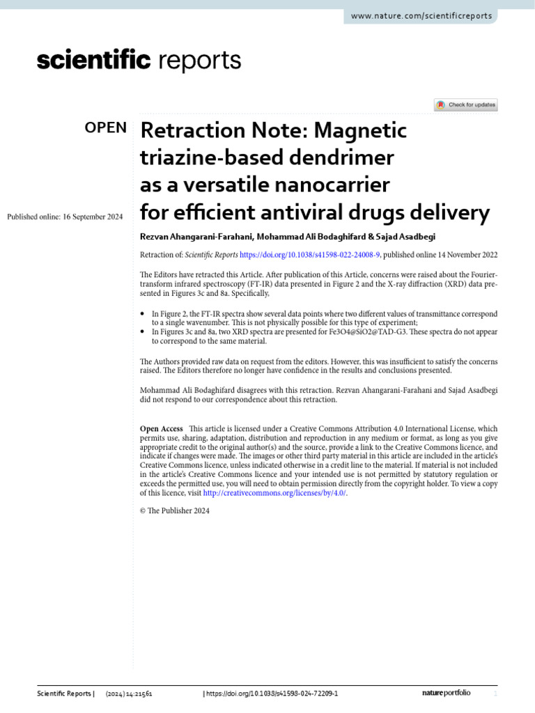 Retraction Note: Magnetic Triazine Based Dendrimer As A Versatile Nanocarrier For Efficient ...
