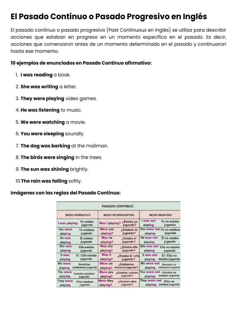 El Pasado Continuo o Pasado Progresivo en Inglés PDF | PDF