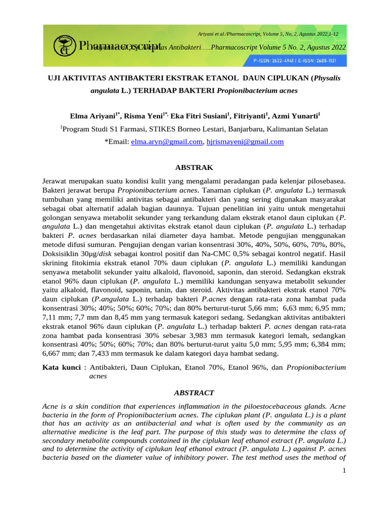 Jurnal Pharmacoscript - Elma Ariyani & Risma Yeni - Uji Aktivitas Ekstrak Etanol Daun Ciplukan ...