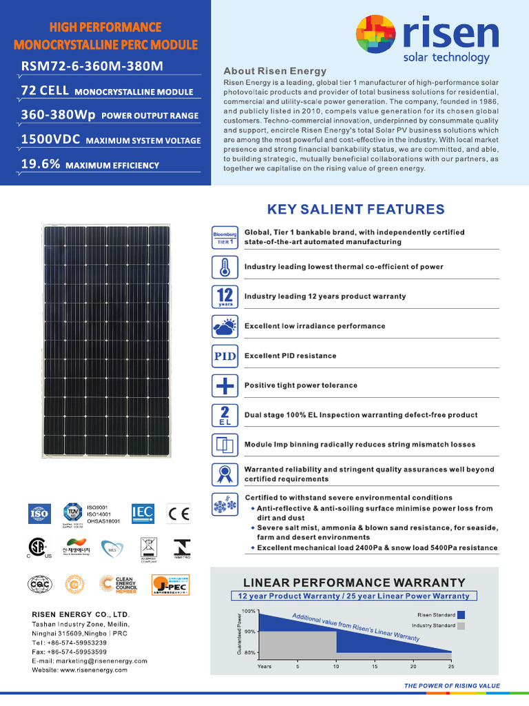 Datasheet-RSM72 - 6 - 360M - 380M Solar Module 360 365 370 375 380 W | PDF